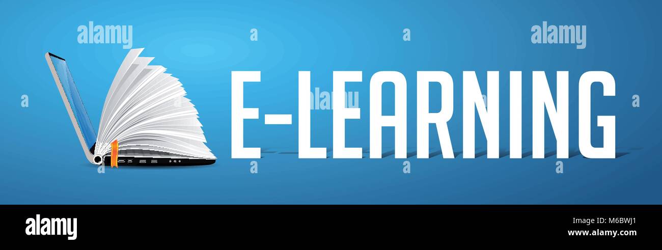 Elearning concept - laptop as book on blue banner with word E-LEARNING ...