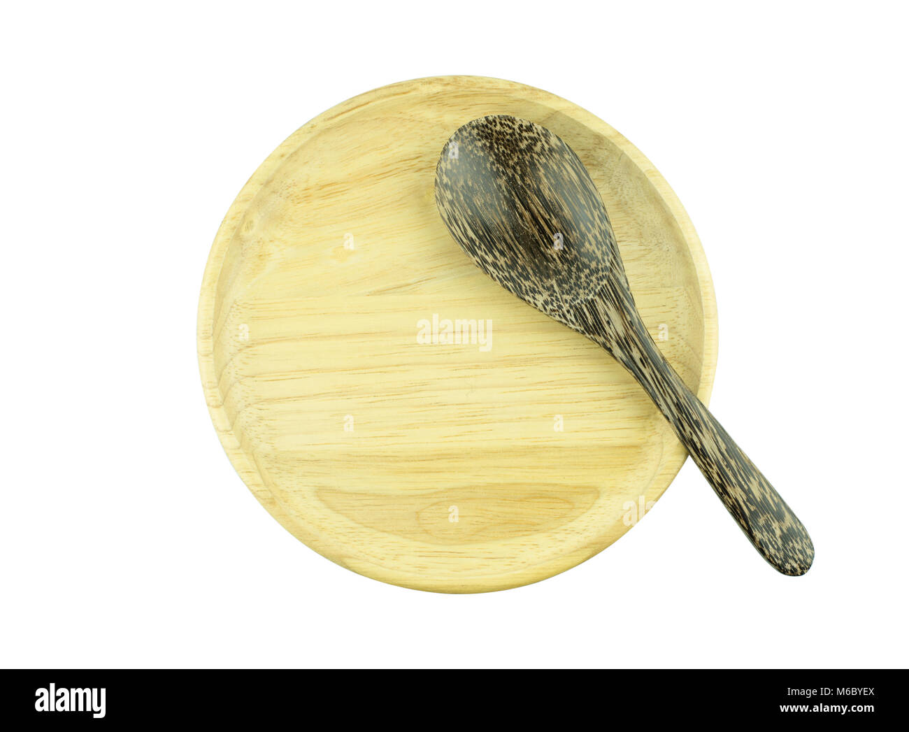 wood plate and spoon isolated top view Stock Photo - Alamy
