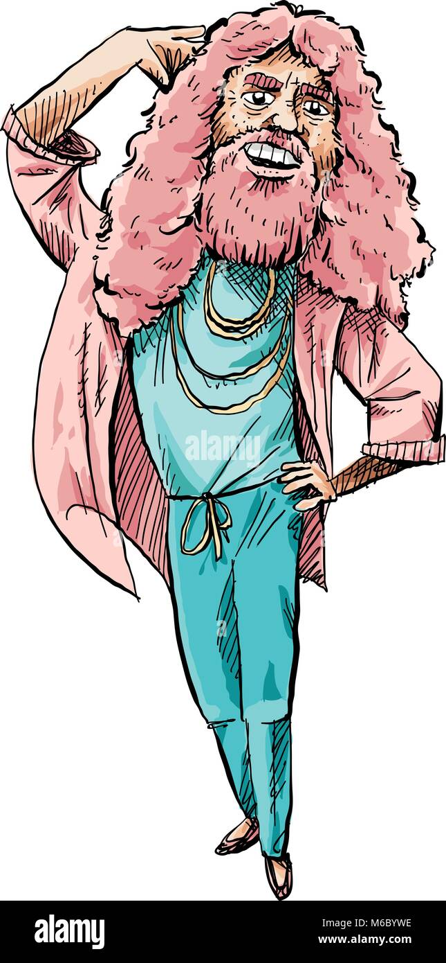 Cartoon of a long-haired, bearded man in pink and blue doing a fashion ...