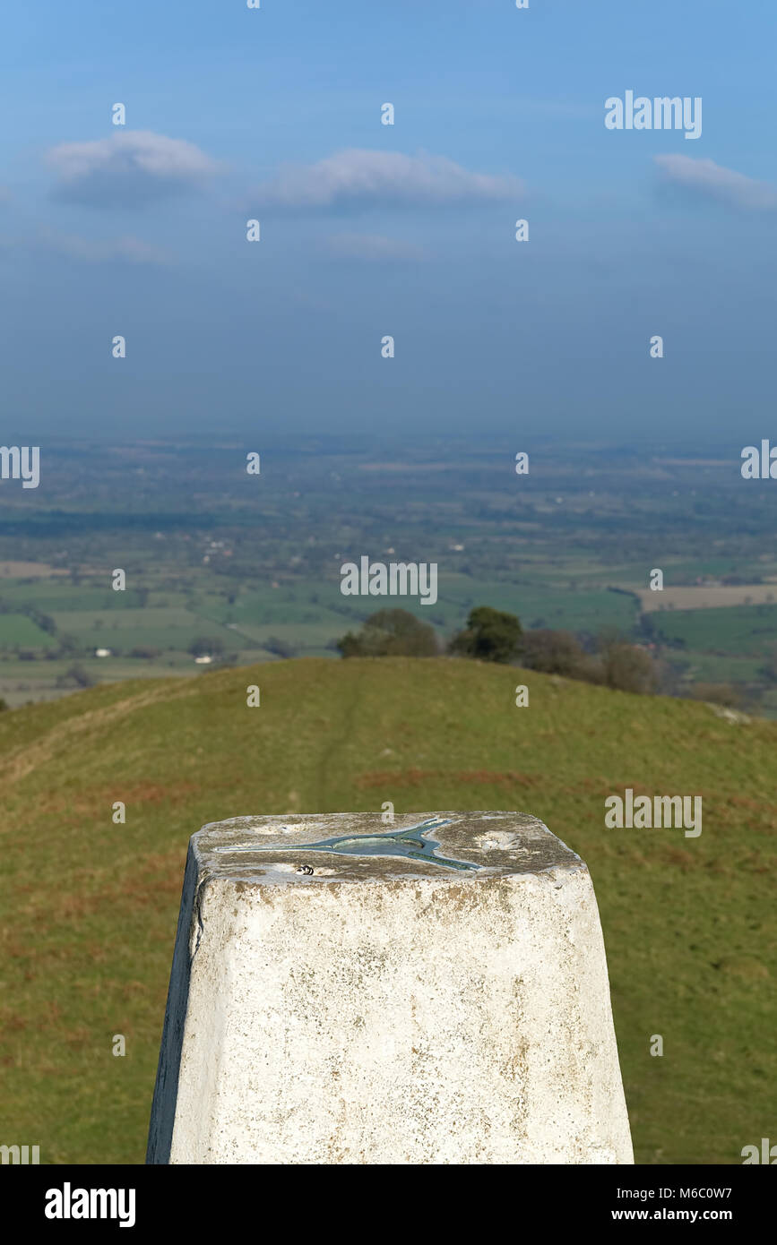 Trig point on Breidden hill, Powys, Wales, with a view overlooking the ...