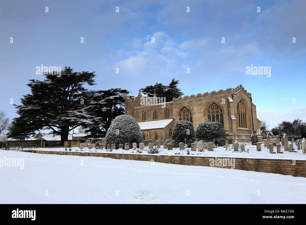 Winter snow; St Marys church; Marholm church; Marholm village; church ...
