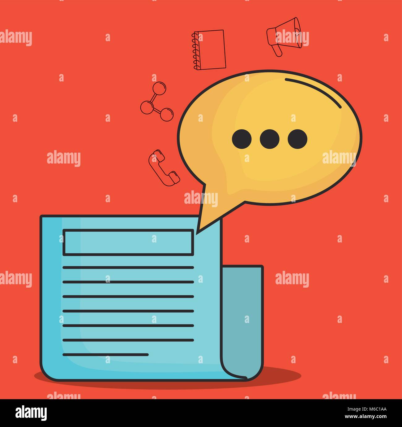 with communication related icons around over orange background colorful ...