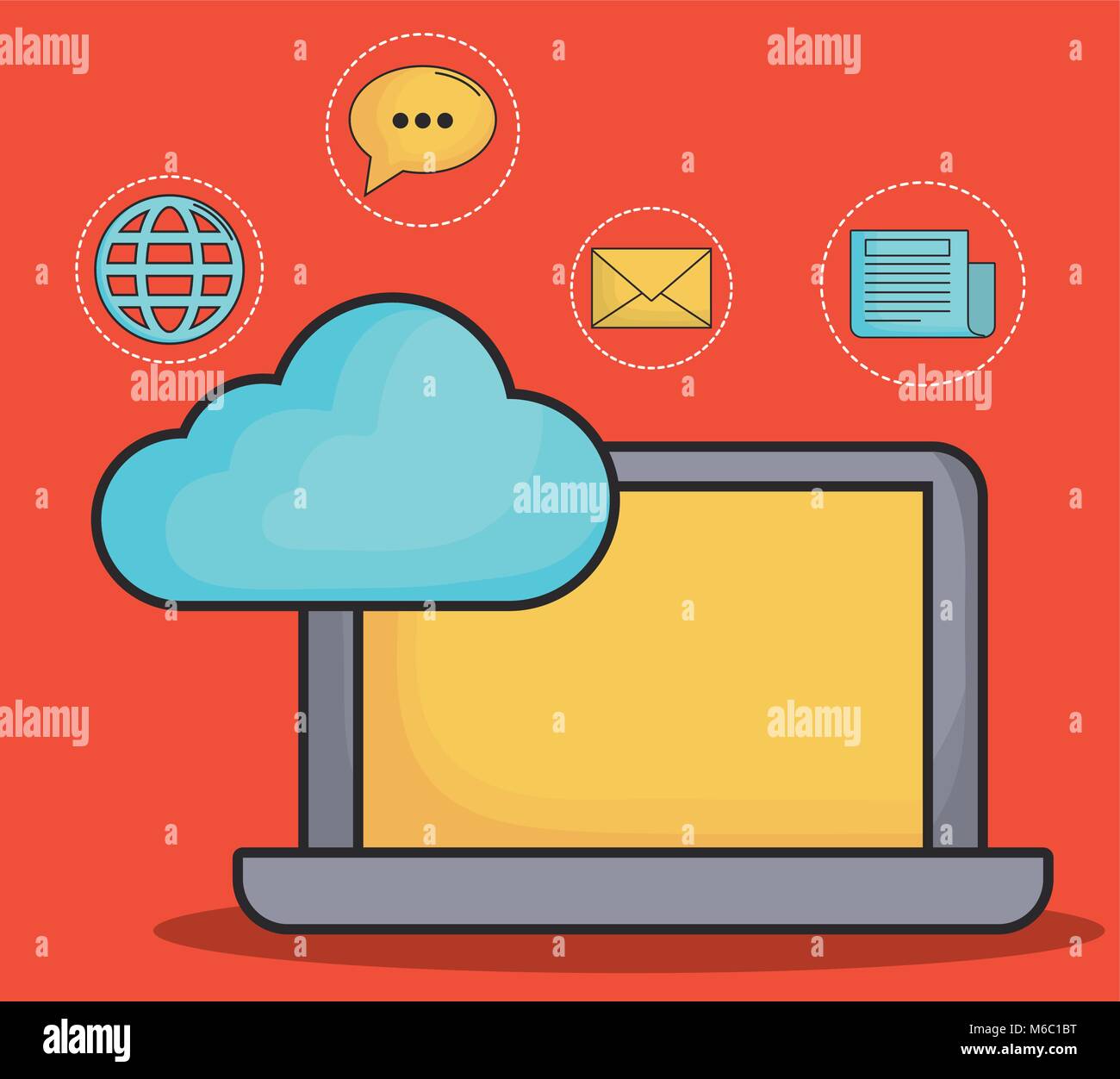 with communication related icons around over orange background colorful ...