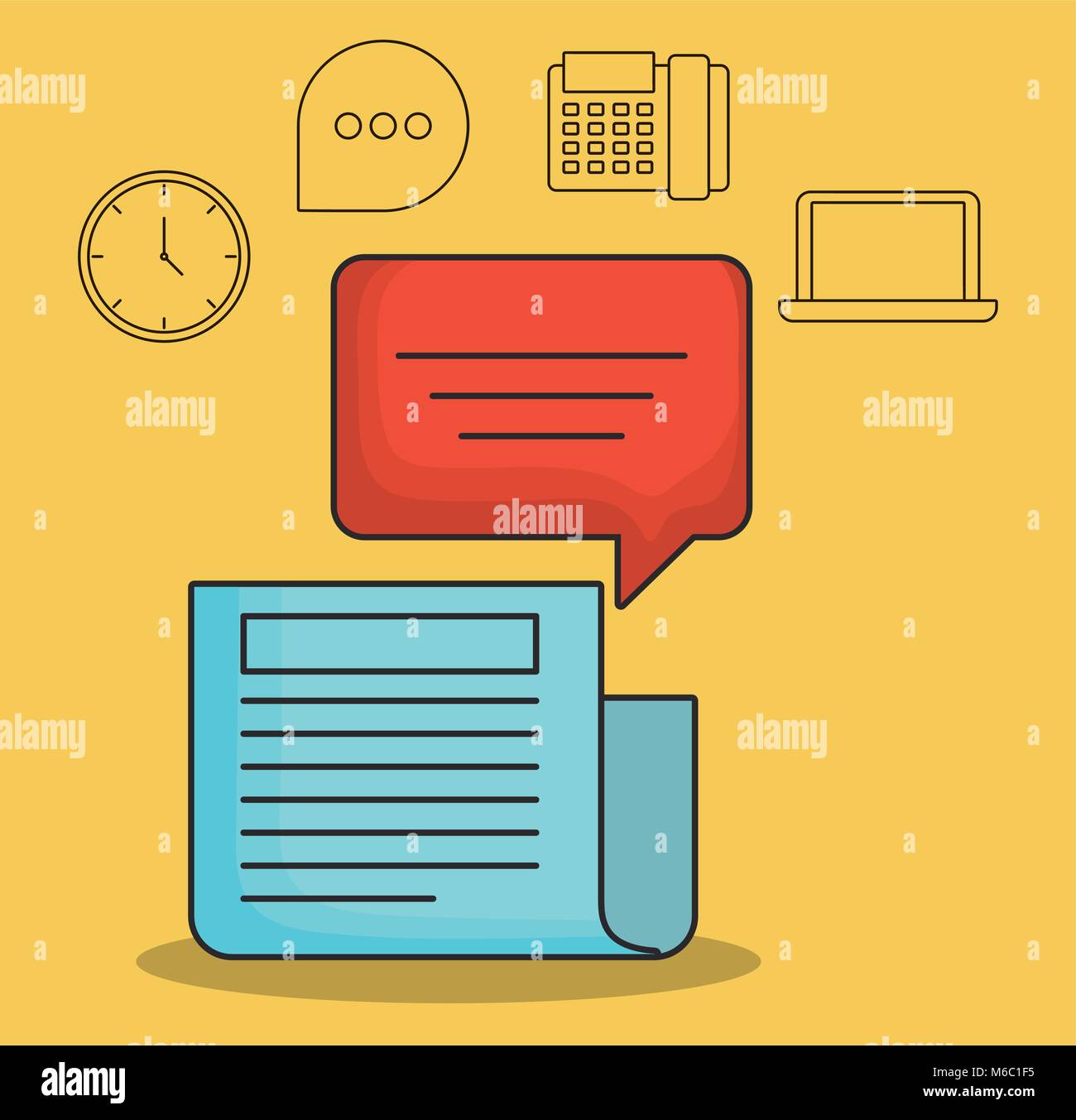 with communication related icons around over yellow background colorful ...