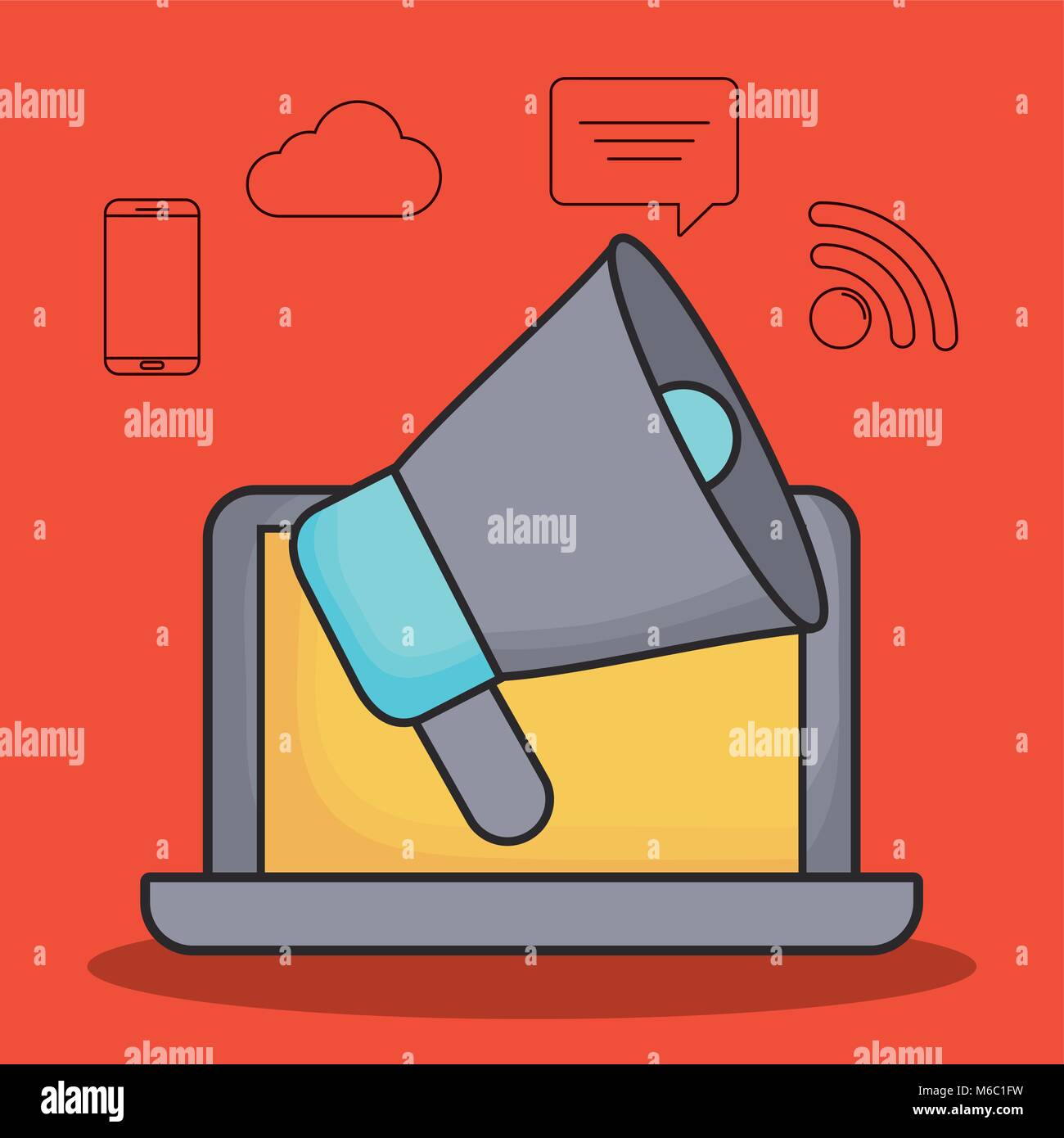 megaphone with communication related icons around over orange ...