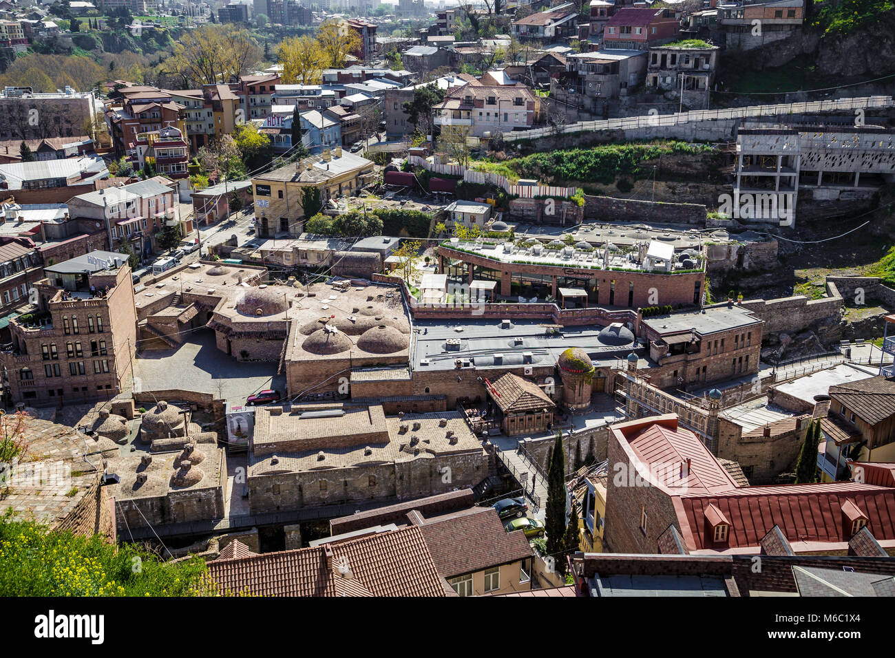 Old traditional sulfur baths in Tbilisi, top view n a district with ...