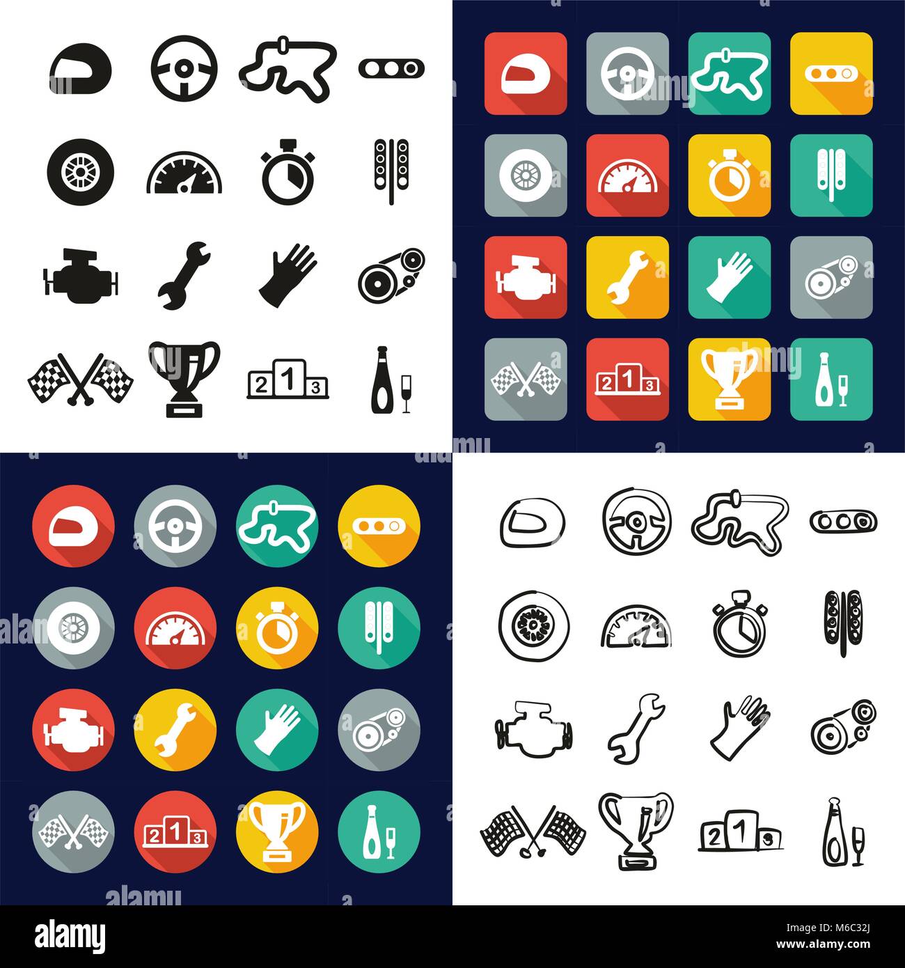 Racing All in One Icons Black & White Color Flat Design Freehand Set ...
