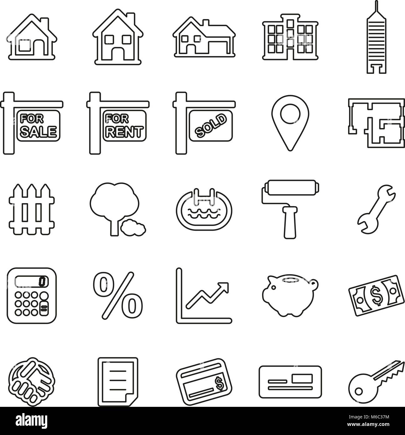 Real Estate Market or Real Estate Broker Icons Thin Line Vector ...