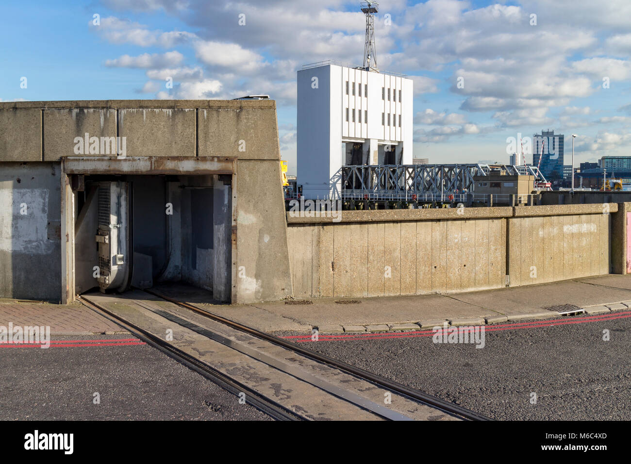 Flood defence gate retracted into wall on approach to Woolwich Ferry ...