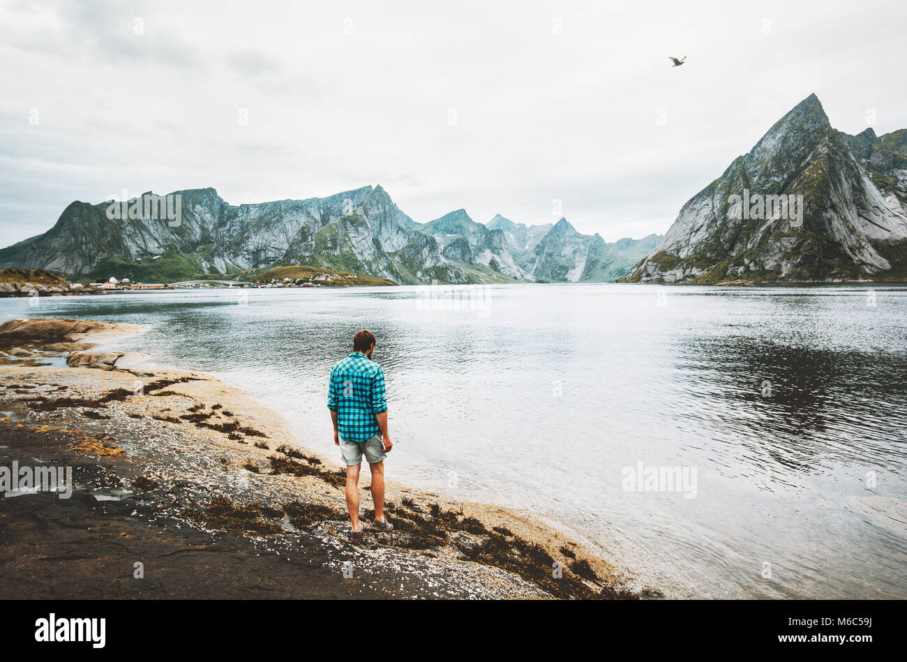 Man walking alone at fjord in Norway Travel lifestyle emotions concept ...