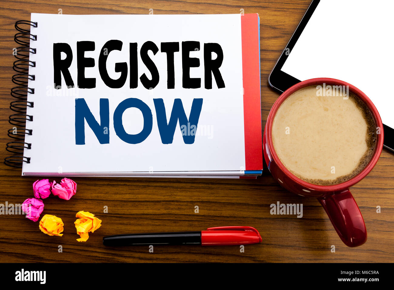 Handwritten text showing Register Now. Business concept writing ...