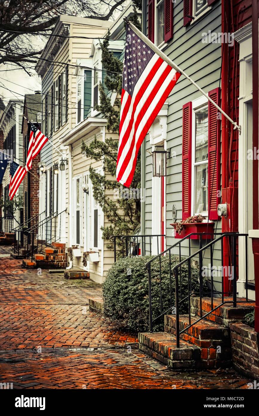Flags waving on a cloudy day on a northern Virginia city street Stock ...