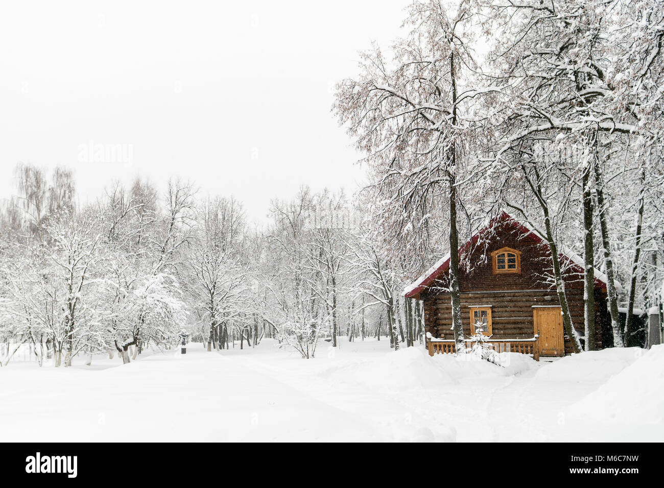 Wooden house. Winter landscape. Russia, Polygon Drozhzhino Stock Photo ...