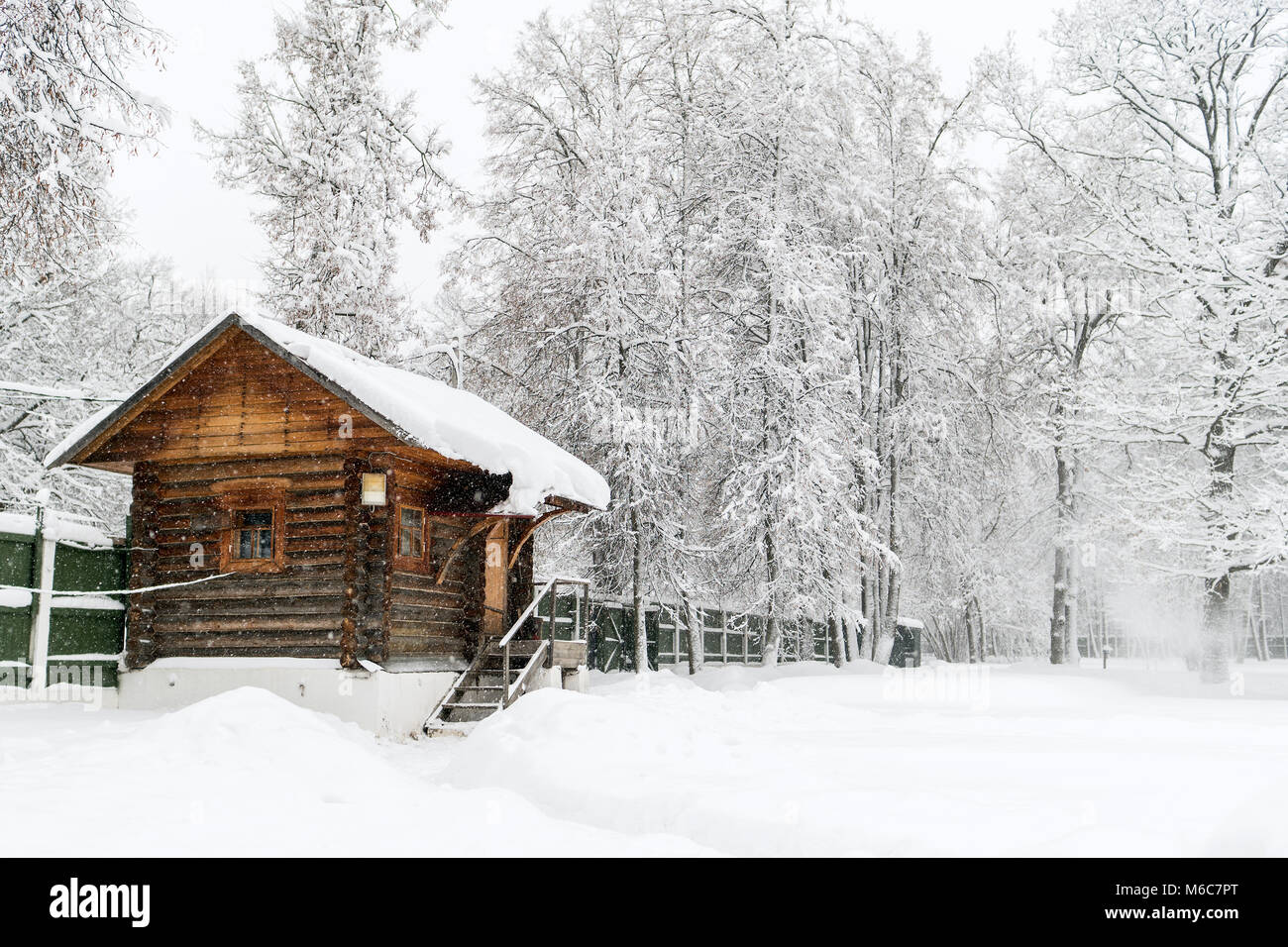 Wooden house. Winter landscape. Russia, Polygon Drozhzhino Stock Photo ...