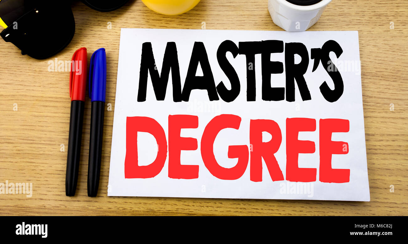 Handwritten text caption showing Master s Degree. Business concept ...