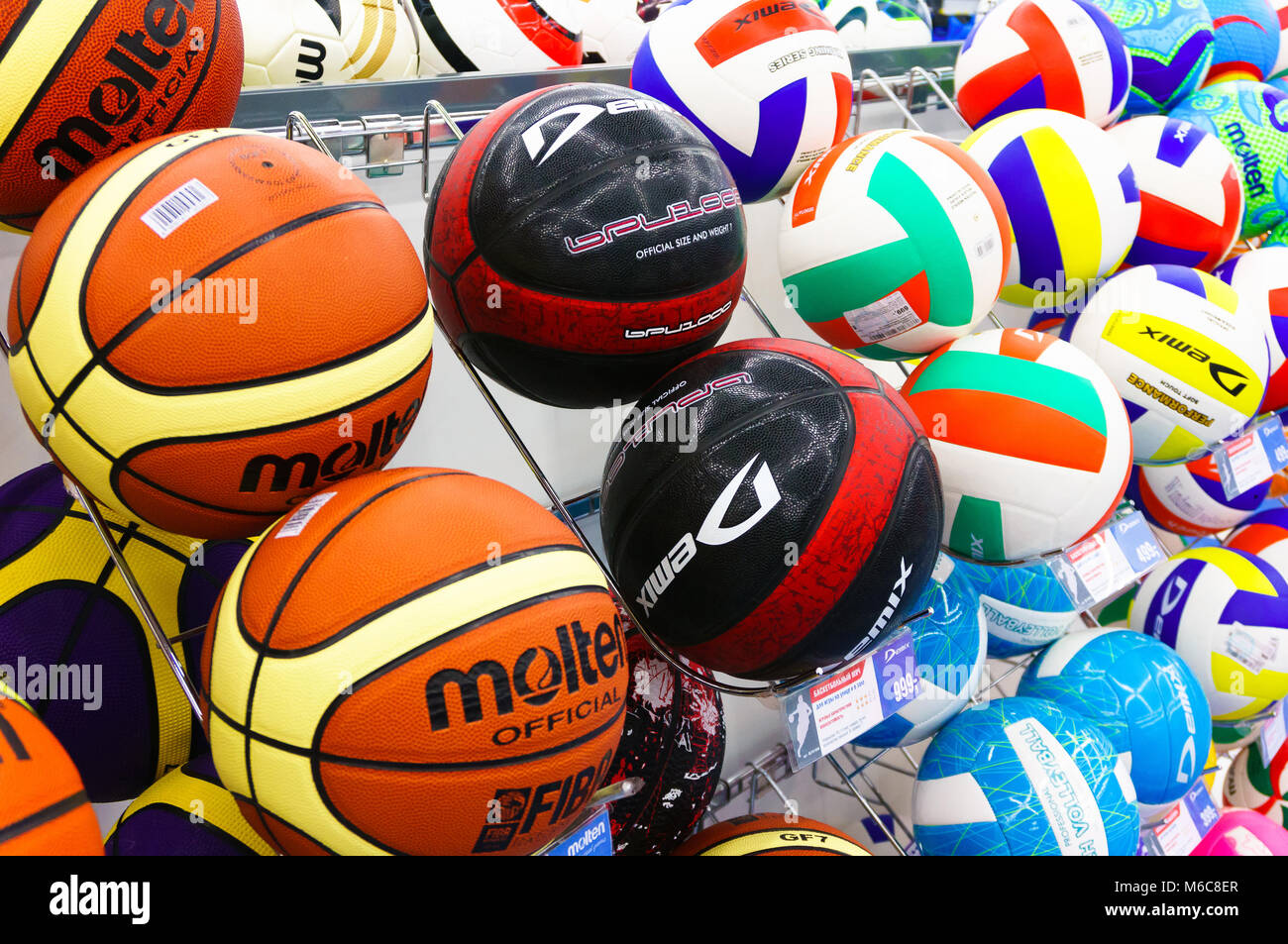 Yekaterinburg, RUSSIA - NOVEMBER 24, 2013: Colorful soccer balls inside ...