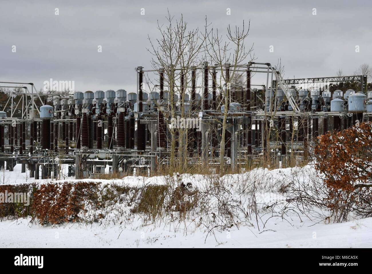Snow covered former Inverkip distribution station Stock Photo - Alamy