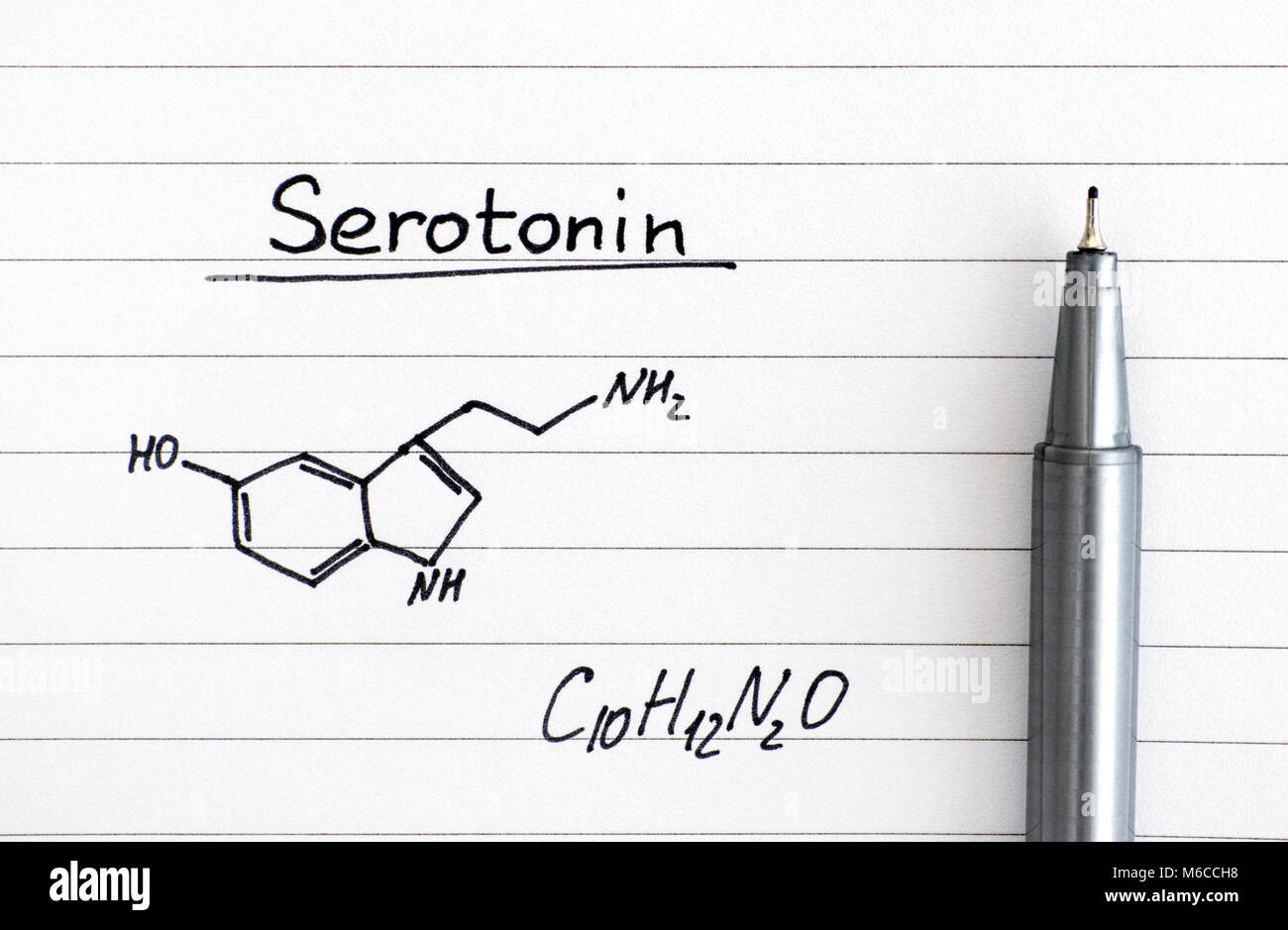Chemical formula of Serotonin on lined paper with pen. Close-up Stock ...