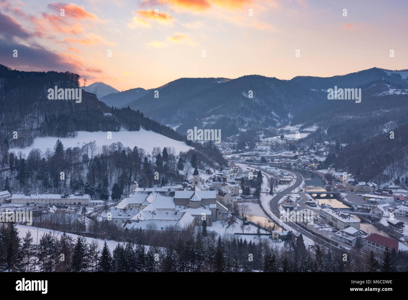 Lilienfeld: Stift Lilienfeld monastery abbey, river Traisen ...