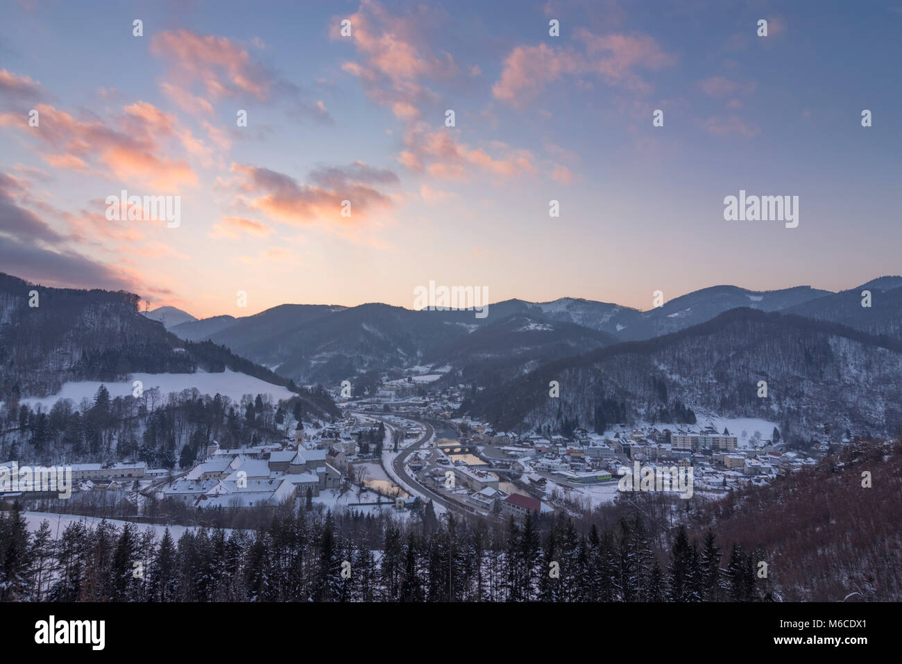 Lilienfeld: Stift Lilienfeld monastery abbey, river Traisen ...