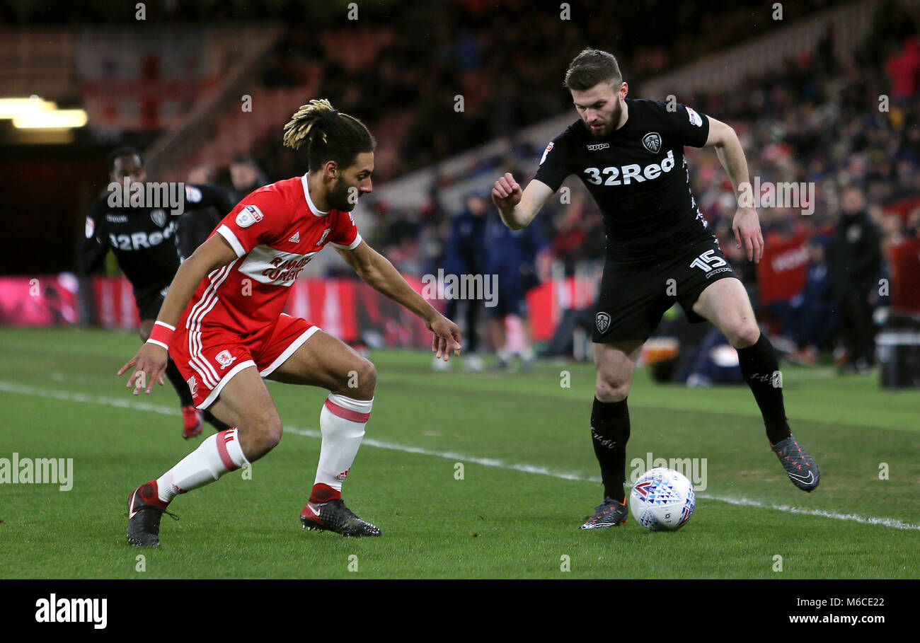 Leeds United's Stuart Dallas (right) and Middlesbrough's Ryan Shotton ...
