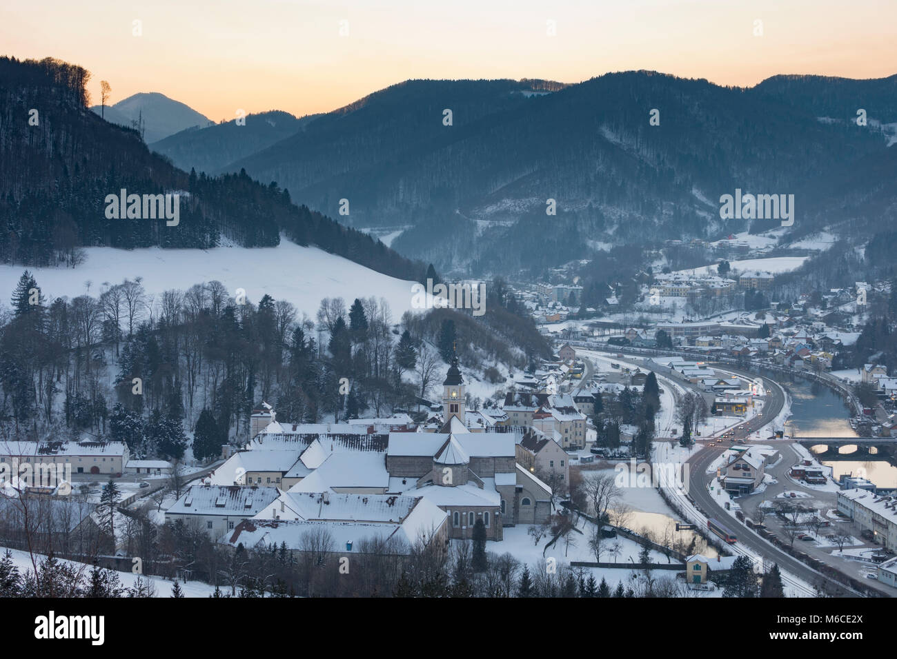 Lilienfeld: Stift Lilienfeld monastery abbey, river Traisen ...