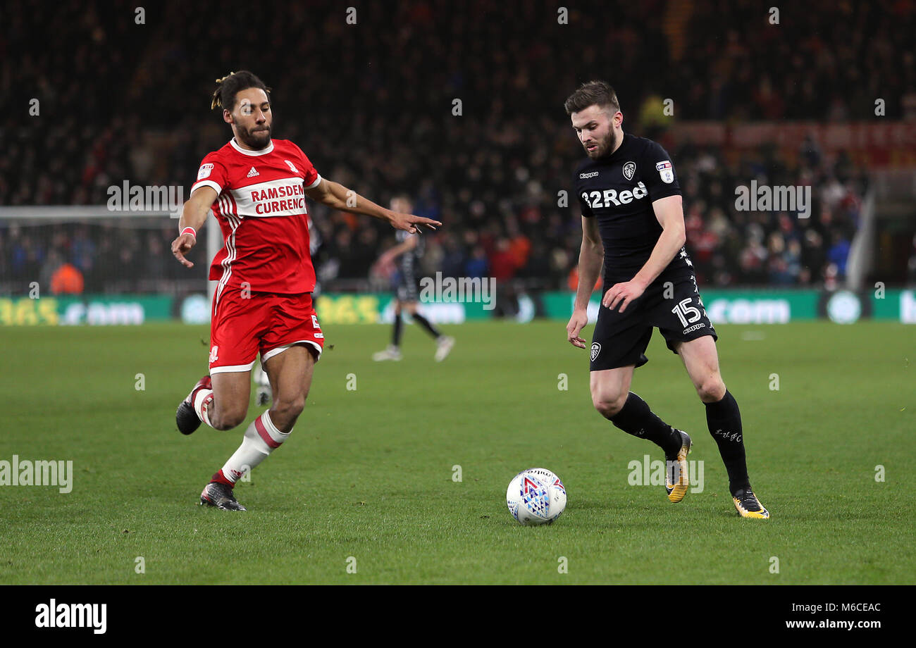Leeds United's Stuart Dallas (right) and Middlesbrough's Ryan Shotton ...