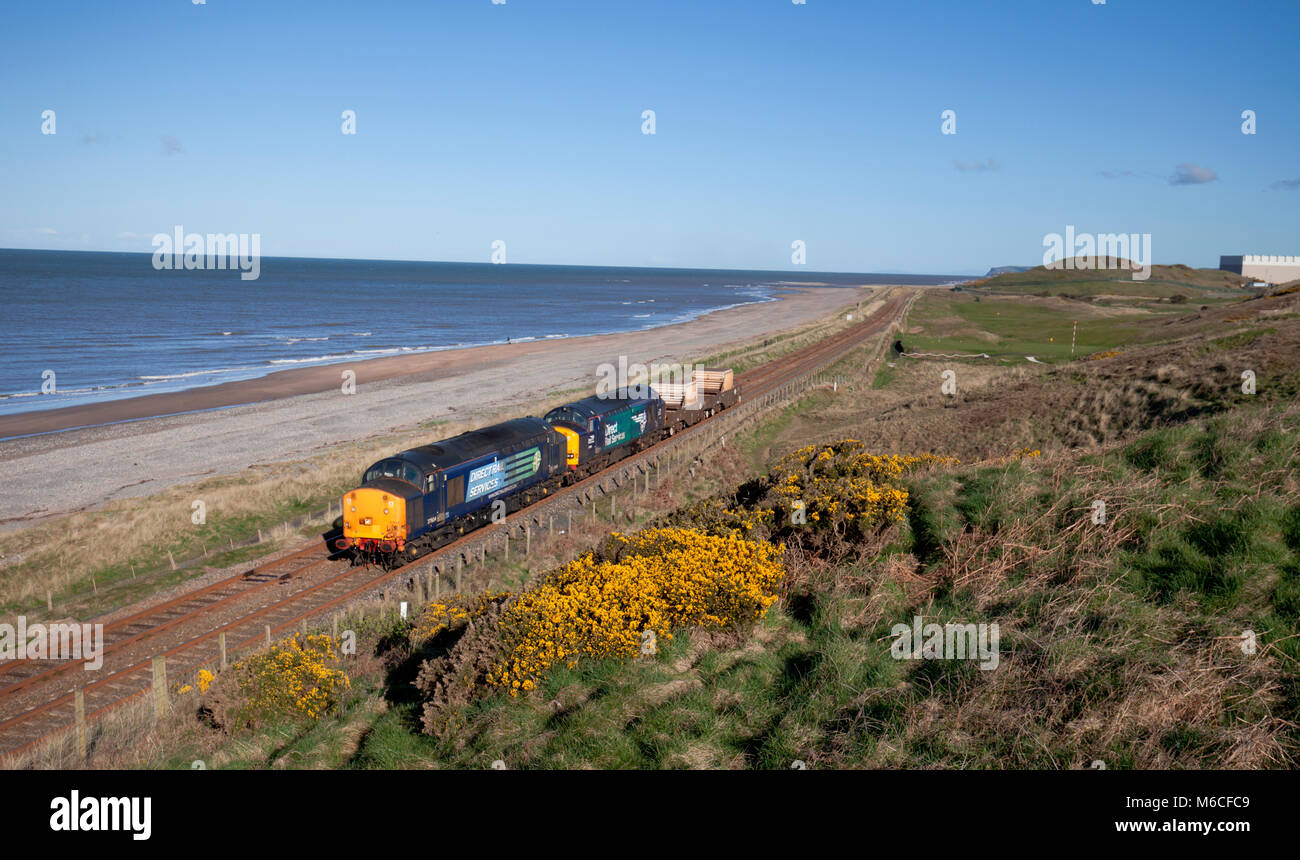 2 Direct rail Services class 37 locomotives pass Seascale shortly after ...