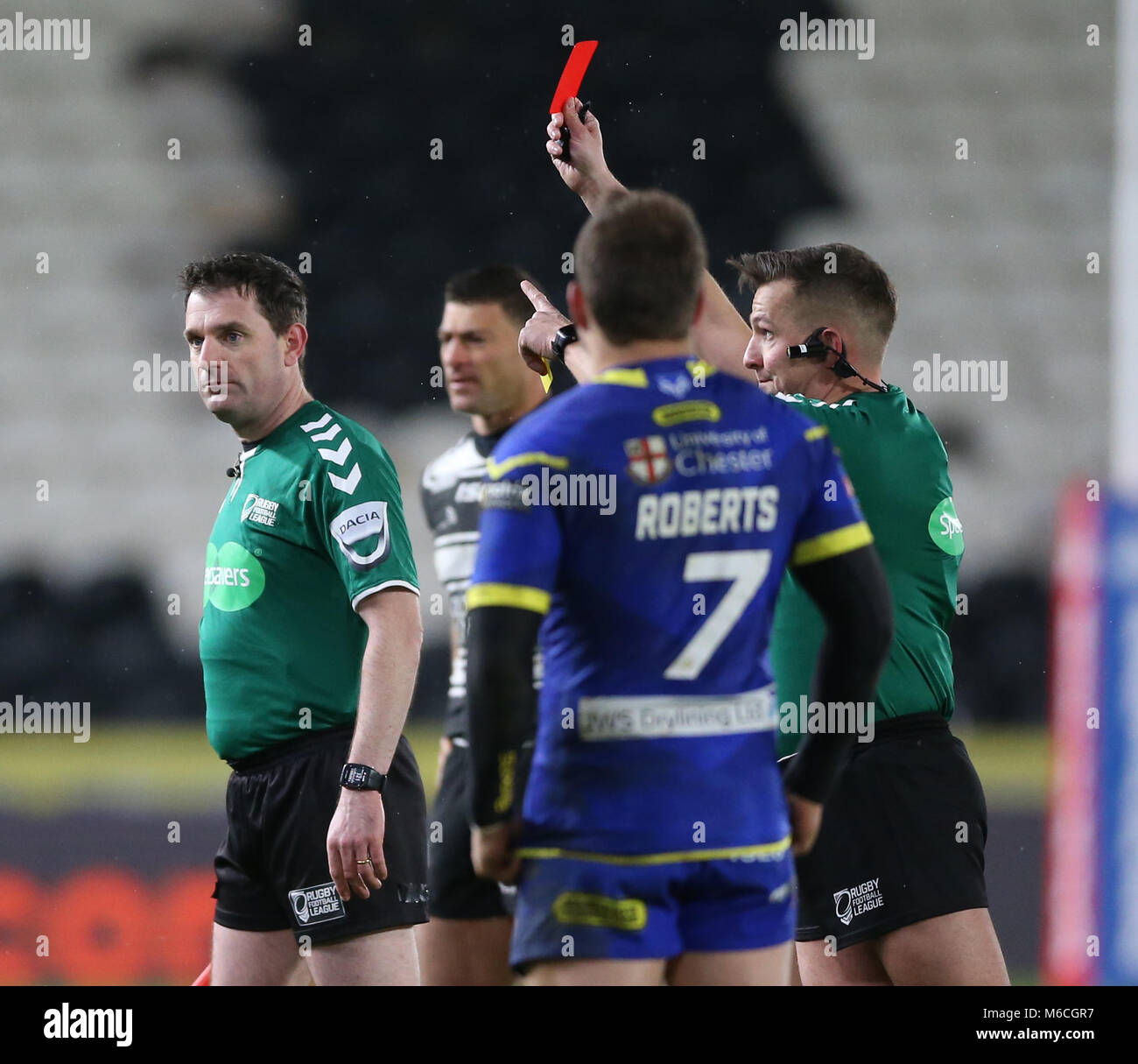 Referee Ben Thaler shows Warrington Wolves Declan Patton (out of ...