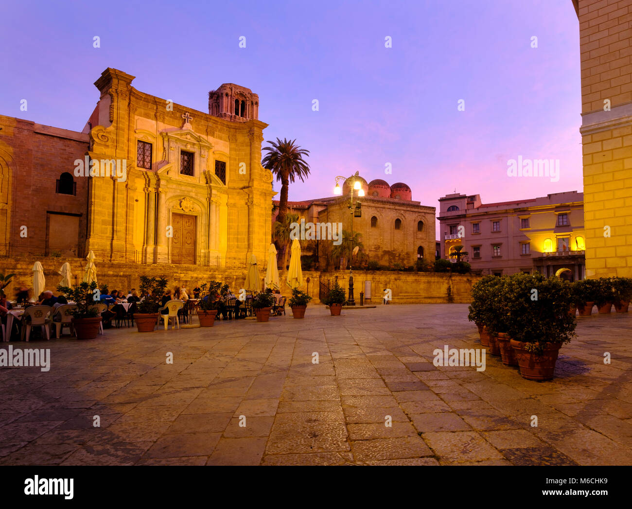 Piazza Bellini in the dusk, rear church of San Cataldo, Palermo, Sicily ...