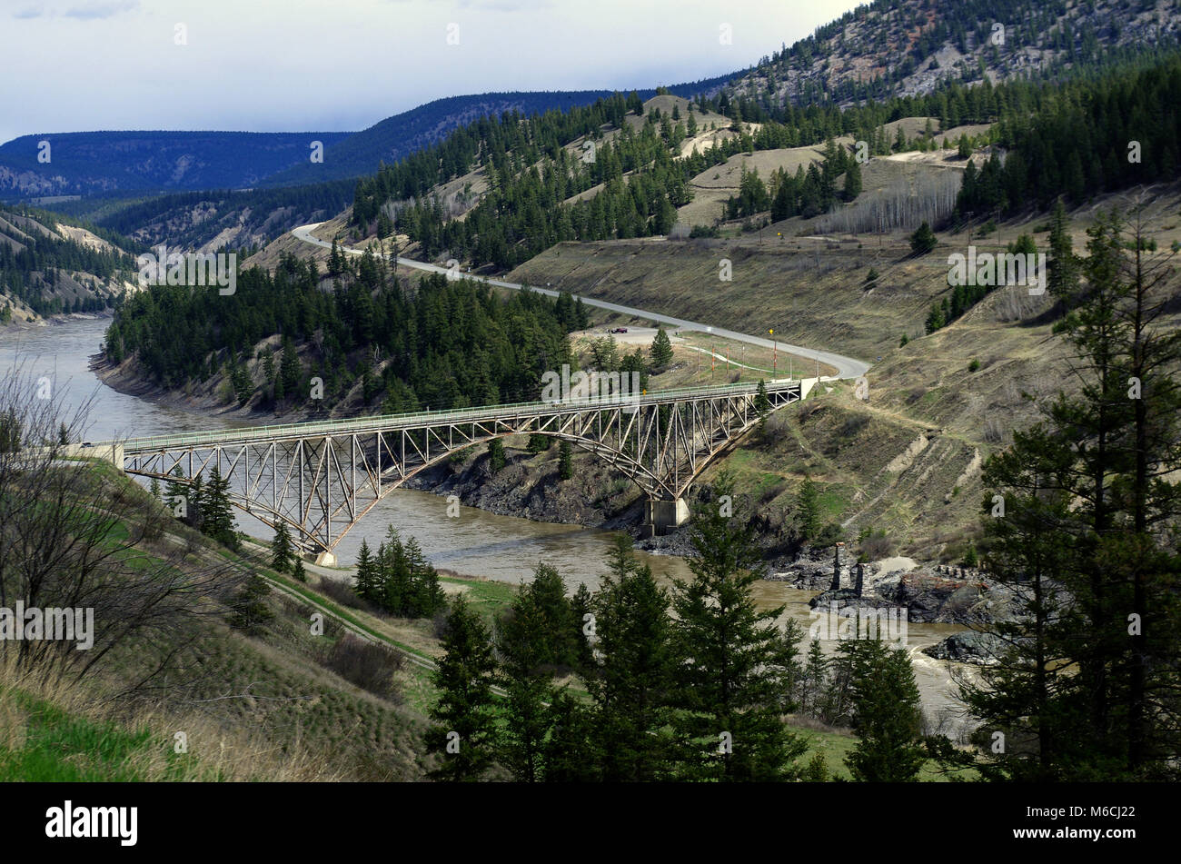 Landscape of arch bridge on highway 20 over Fraser river in British ...