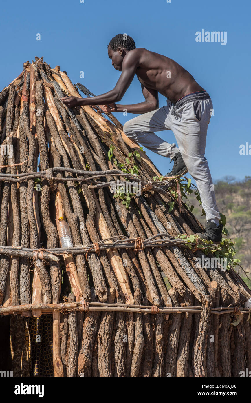 Man of the people of Ovahimba or Himba builds on the roof of a wooden ...