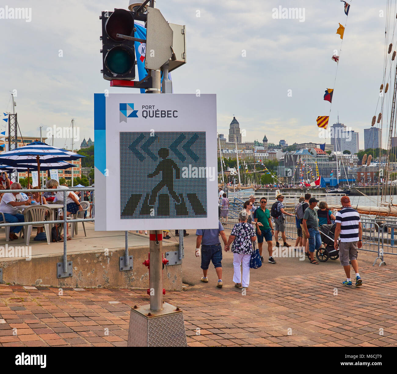 Pedestrian crossing sign, Port of Quebec during the Rendez-vous 2017 ...