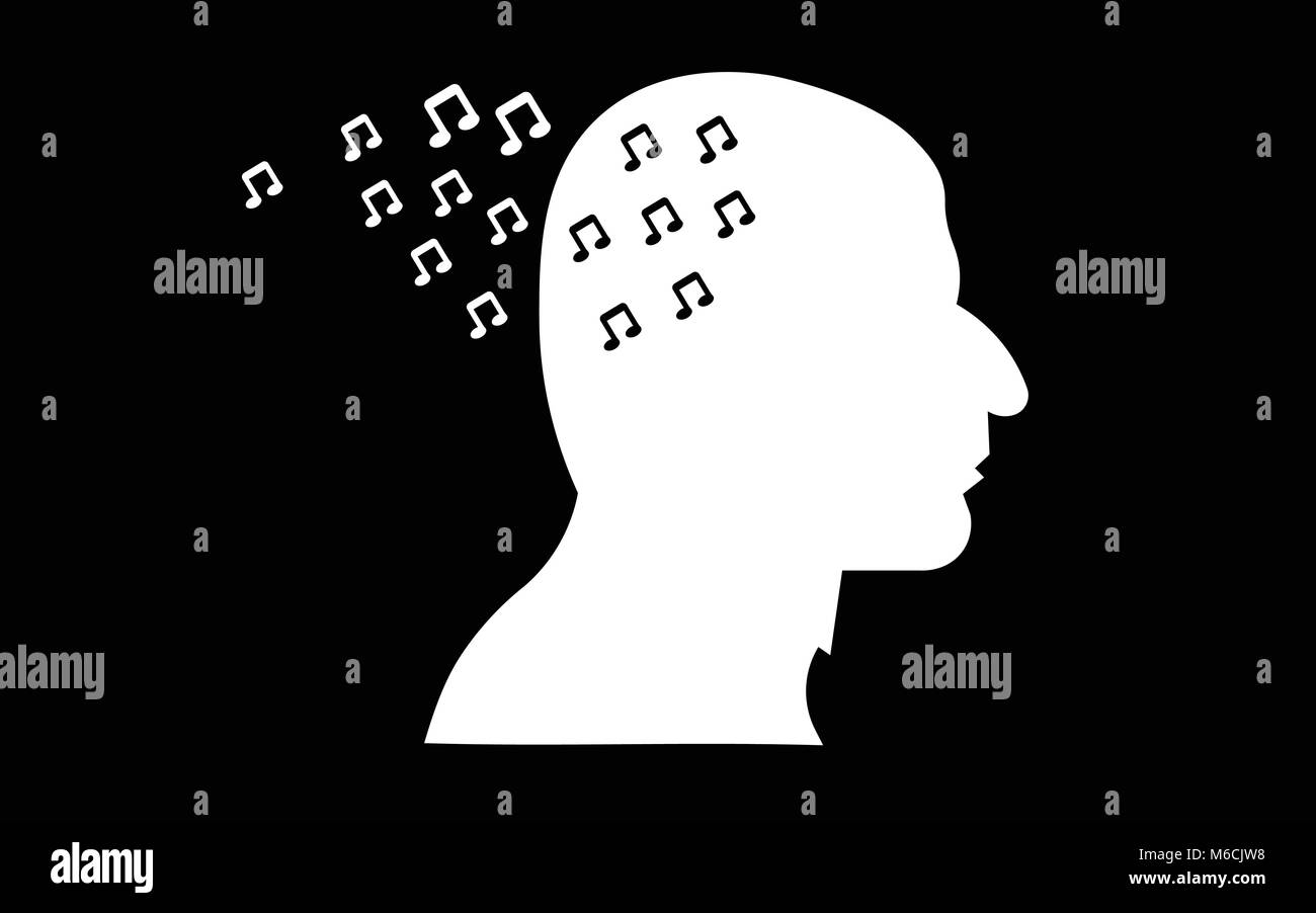 white music notes in side head silhouette on black background Stock ...