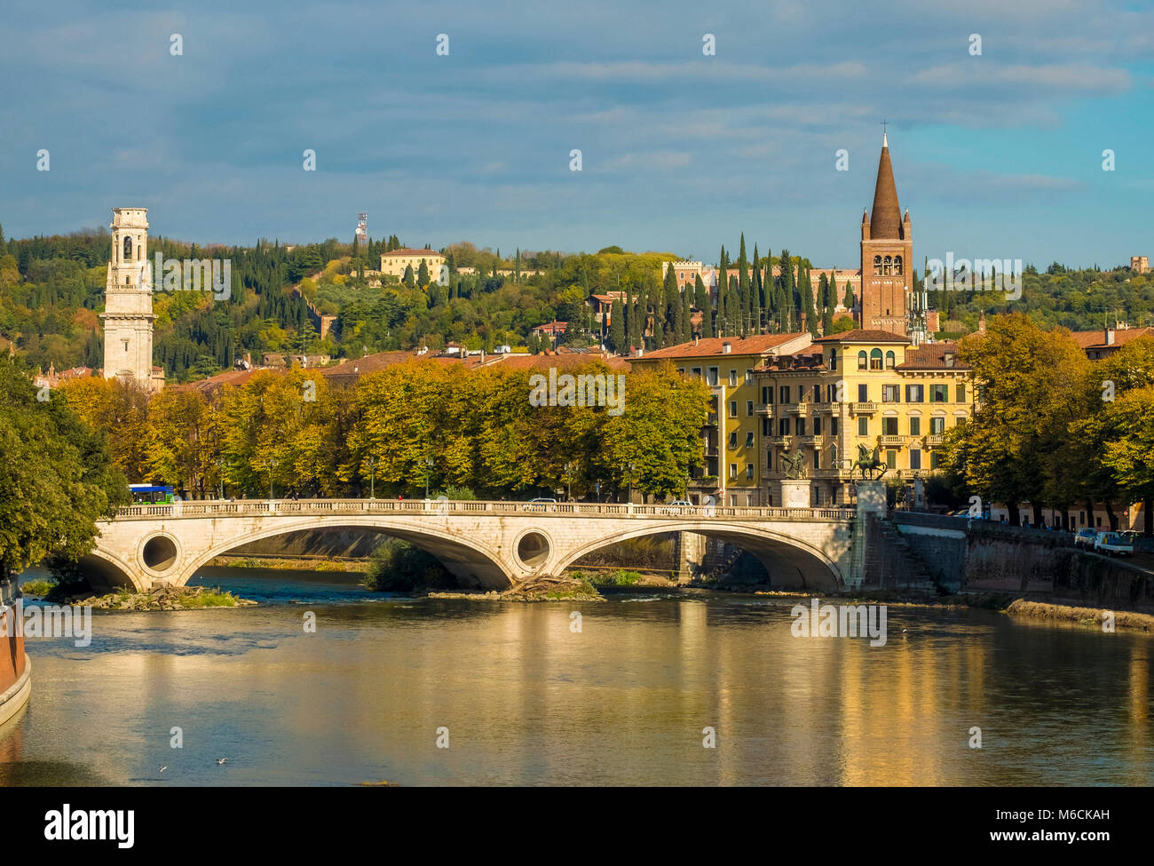 Adige River and Ponte della Vittoria bridge in Verona, Italy Stock ...