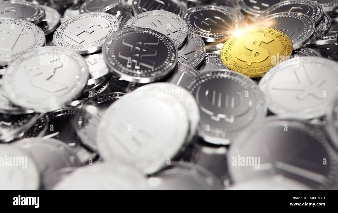 Stack of different coins and dollar coin with bright blink on it. 3d ...