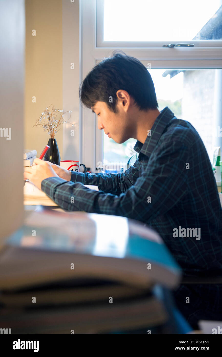 a young asian student works in his bedroom reading a book and revising ...