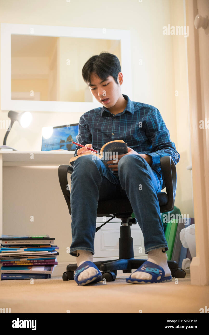 a young asian student works in his bedroom reading a book and revising ...