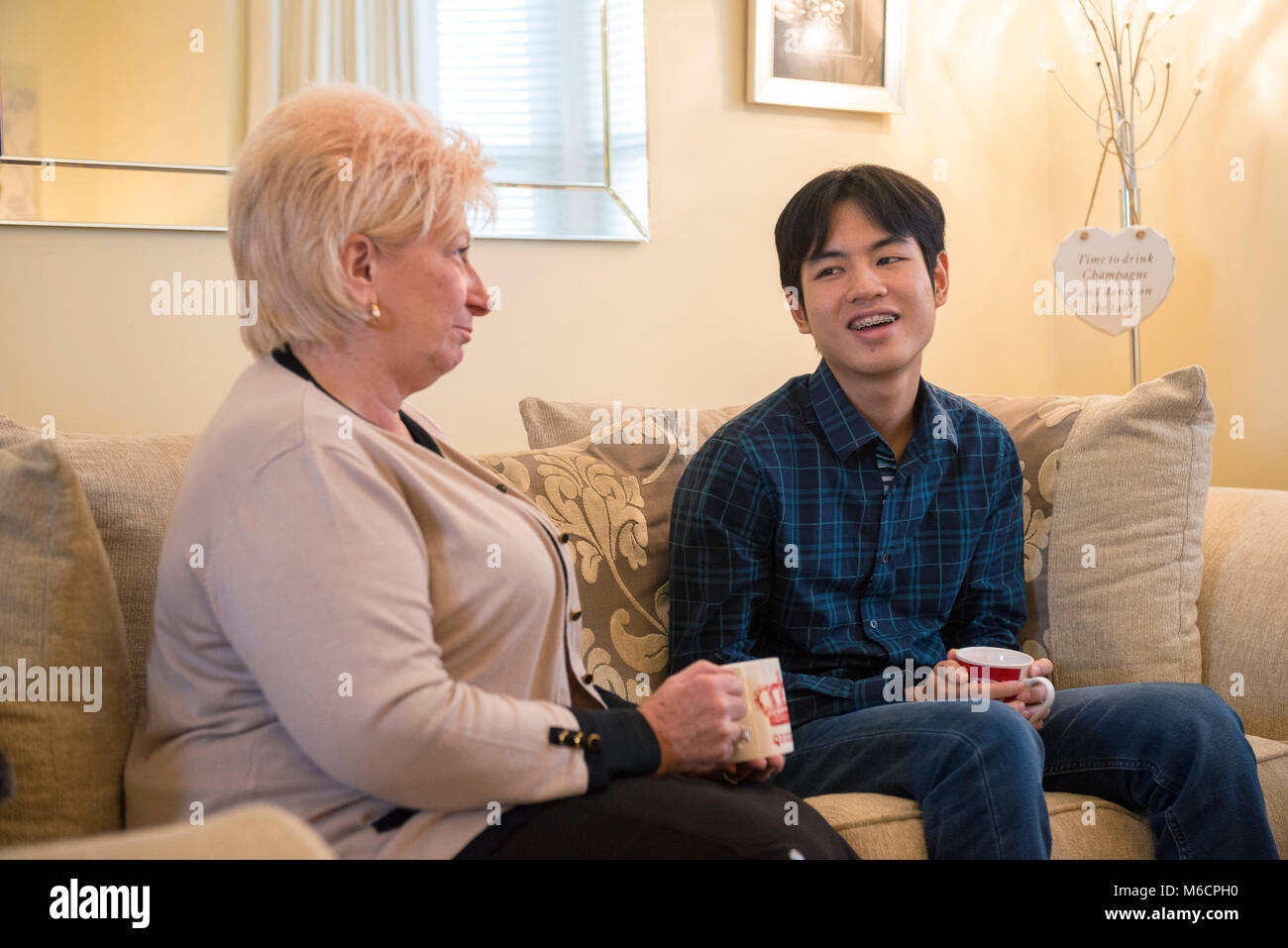 a young asian international student relaxes with his english host at ...