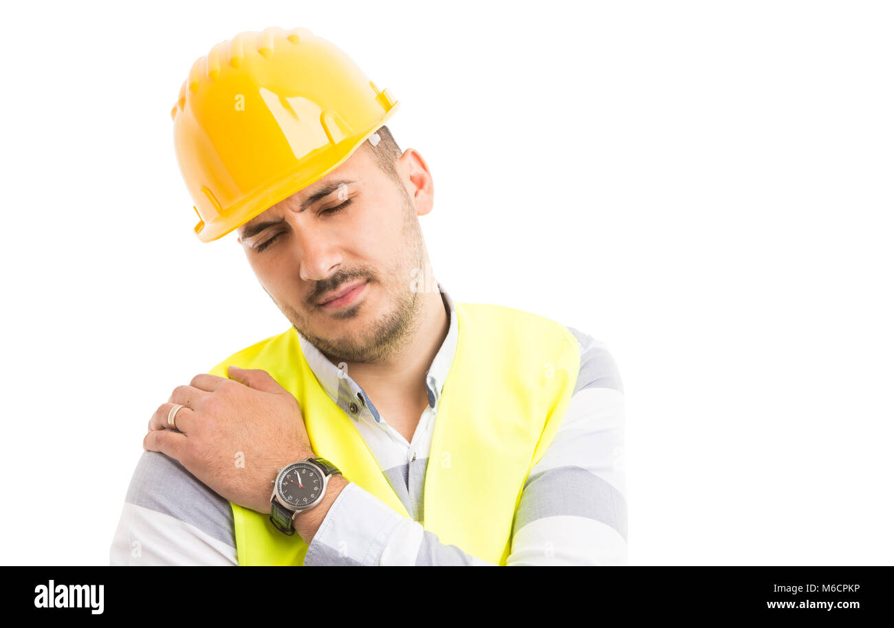 Builder or construction worker suffering shoulder pain problem as work ...
