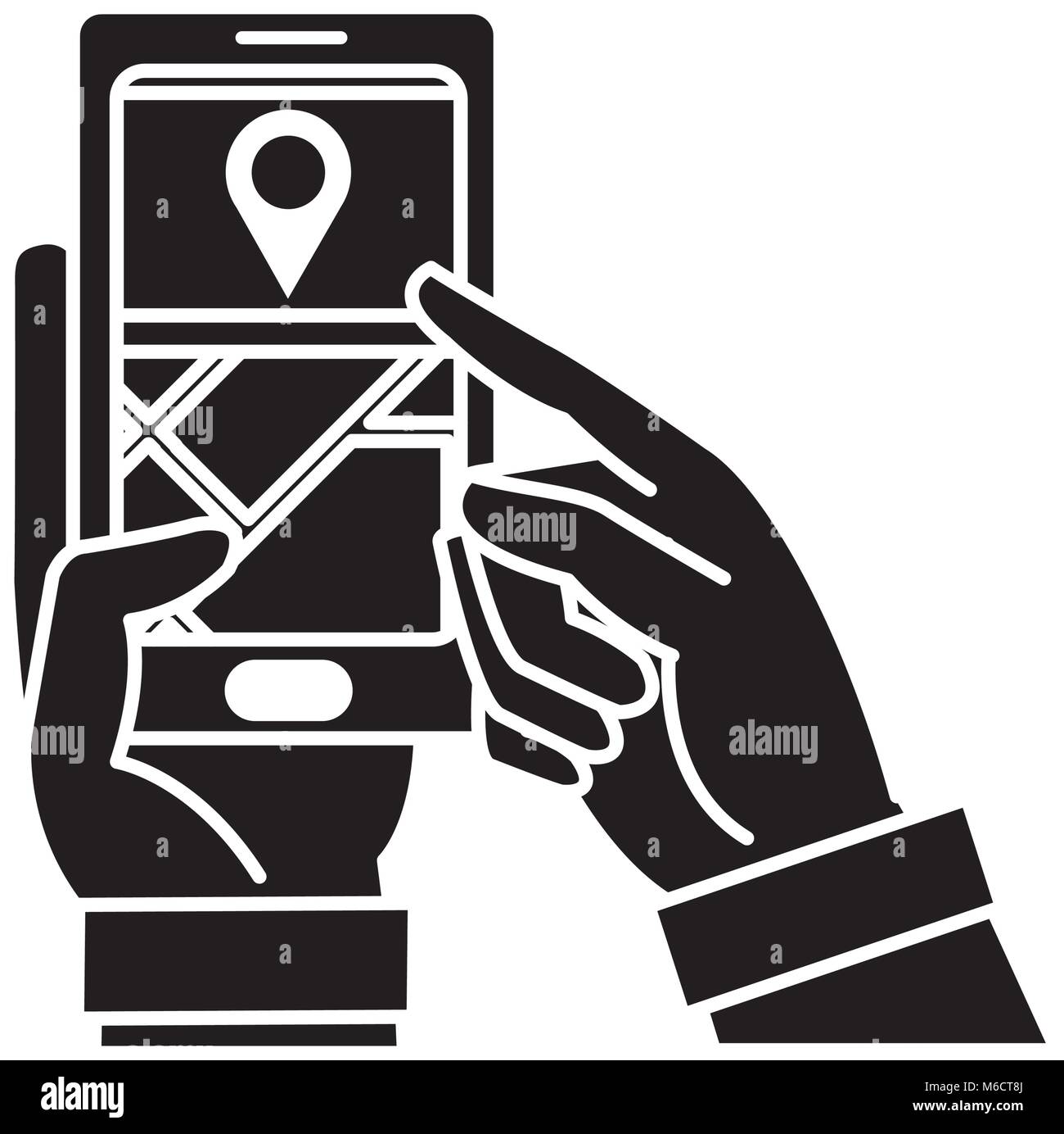 silhouette man hands with smartphone connect in the gps map Stock ...