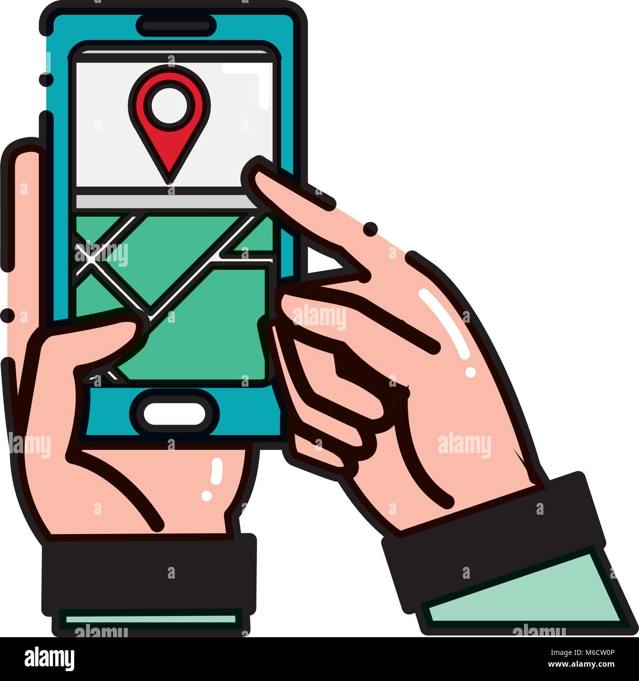 dashed line man hands with smartphone connect in the gps map Stock ...