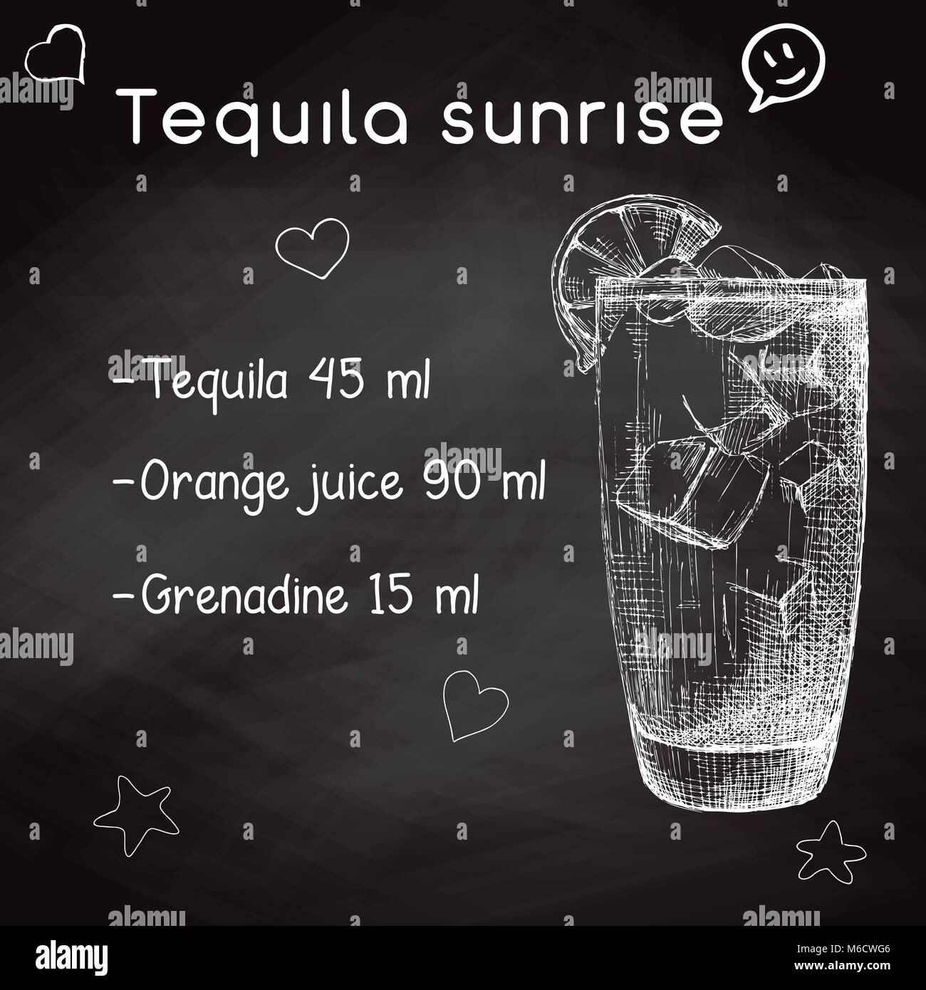 Simple recipe for an alcoholic cocktail Tequila Sunrise. Drawing chalk ...