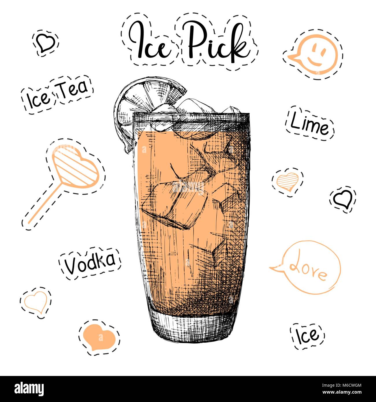 Simple recipe for an alcohol cocktail Ice Pick. Vector illustration of ...
