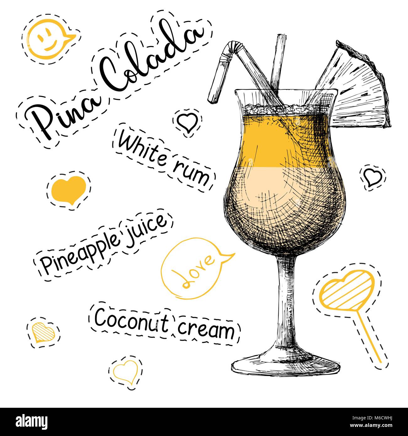 Simple recipe for an alcoholic cocktail Pina Colada. Vector ...