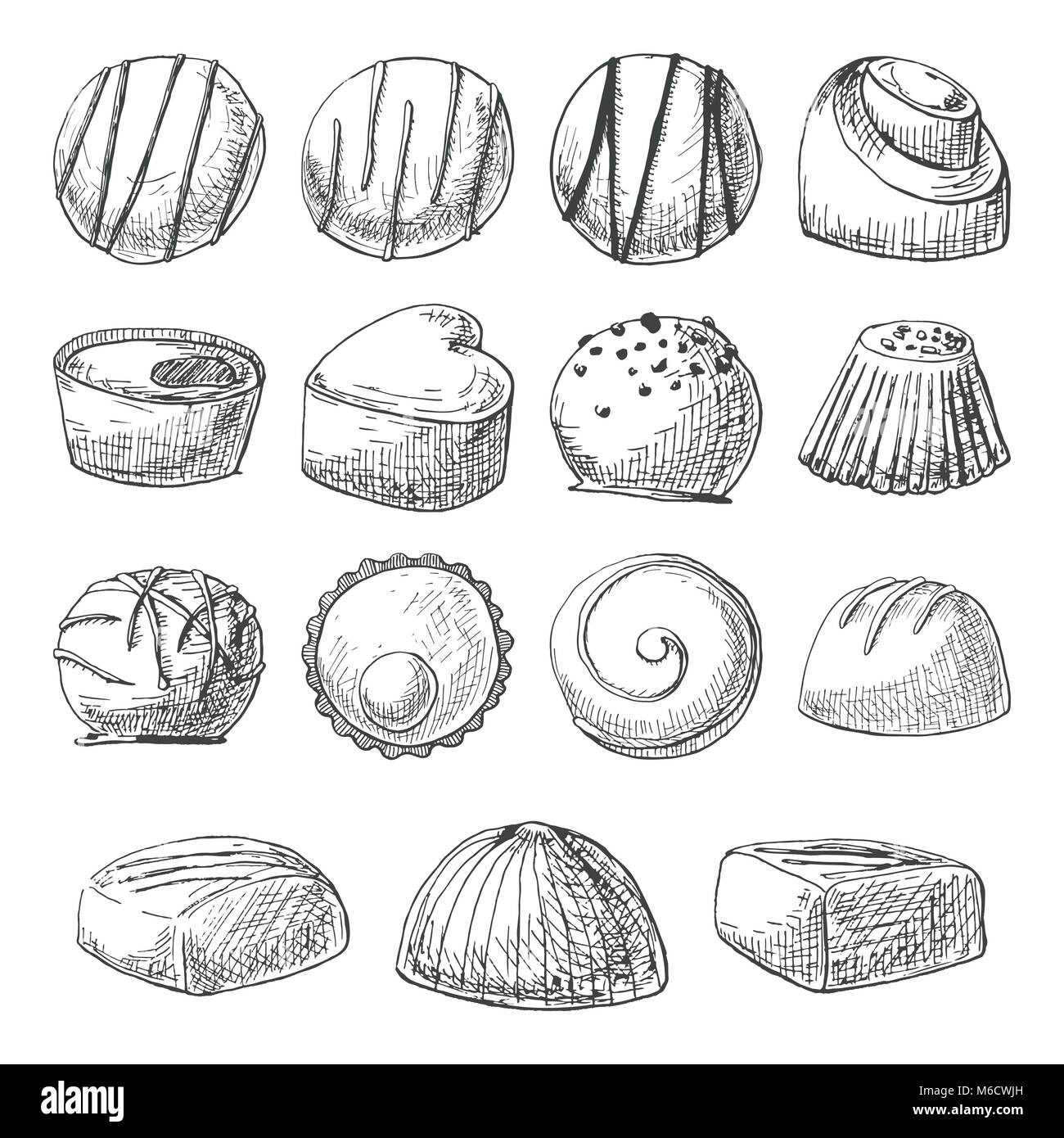 Chocolate sweets of different shapes and sizes. Hand drawn a set of ...