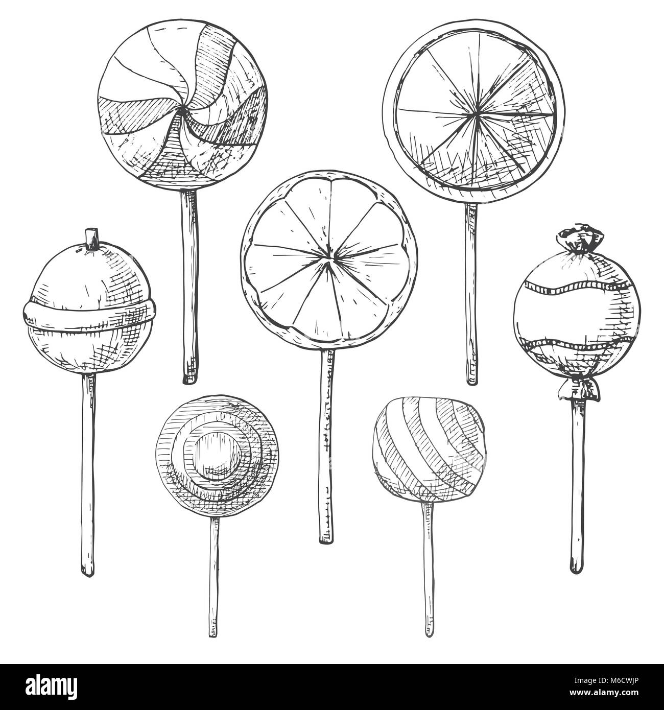Hand drawn set of different lollipops. Vector illustration of a sketch ...