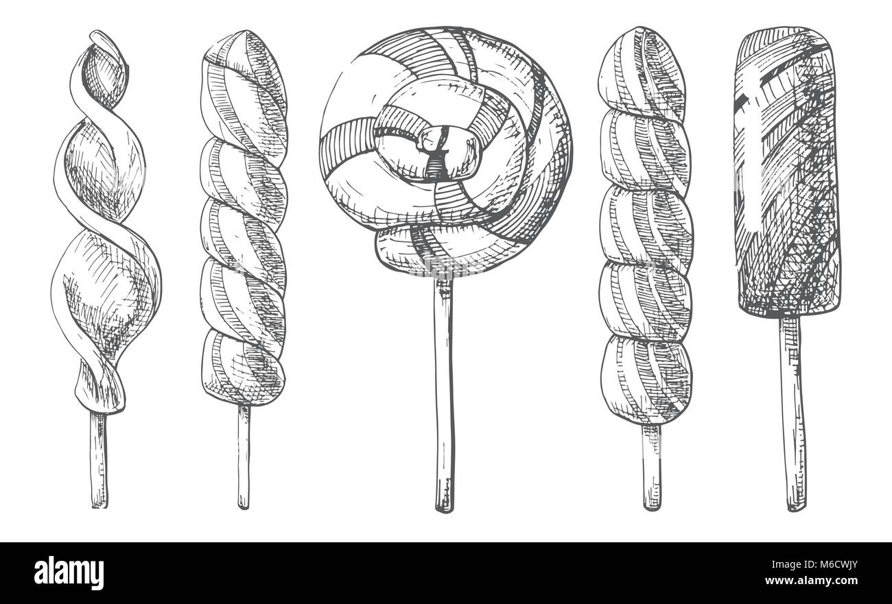 Hand drawn set of different lollipops. Vector illustration of a sketch ...