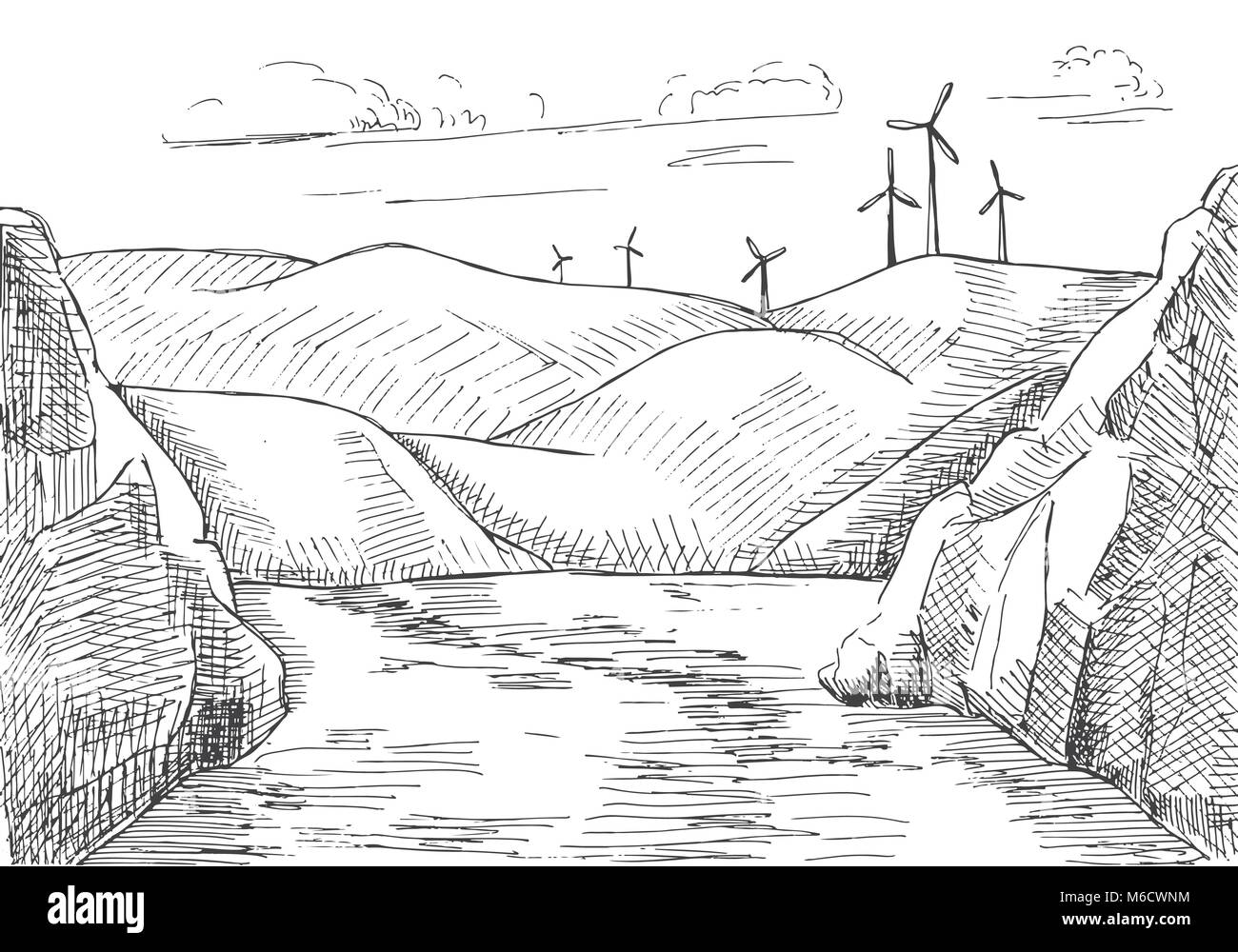 Hand drawn windmills against the background of mountains and water ...