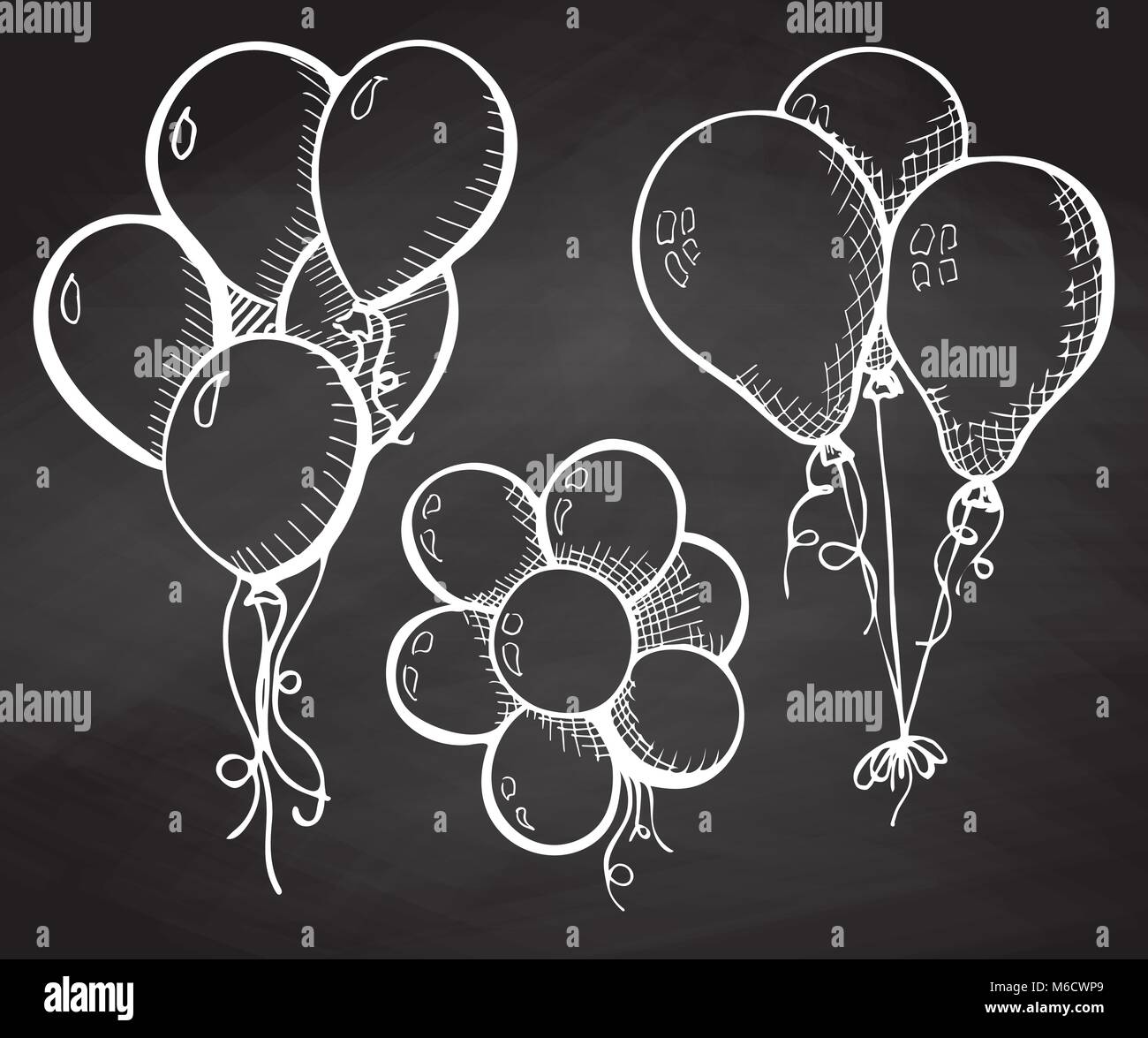 Group of balloons on a string. Hand drawn chalk on the board. Vector ...